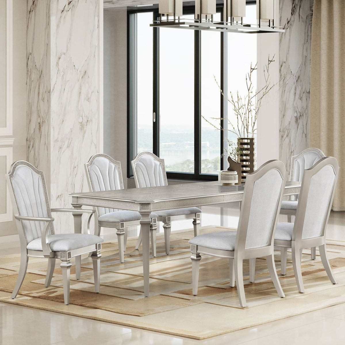 Evangeline 7-piece Dining Table Set with Extension Leaf Ivory and Silv ...