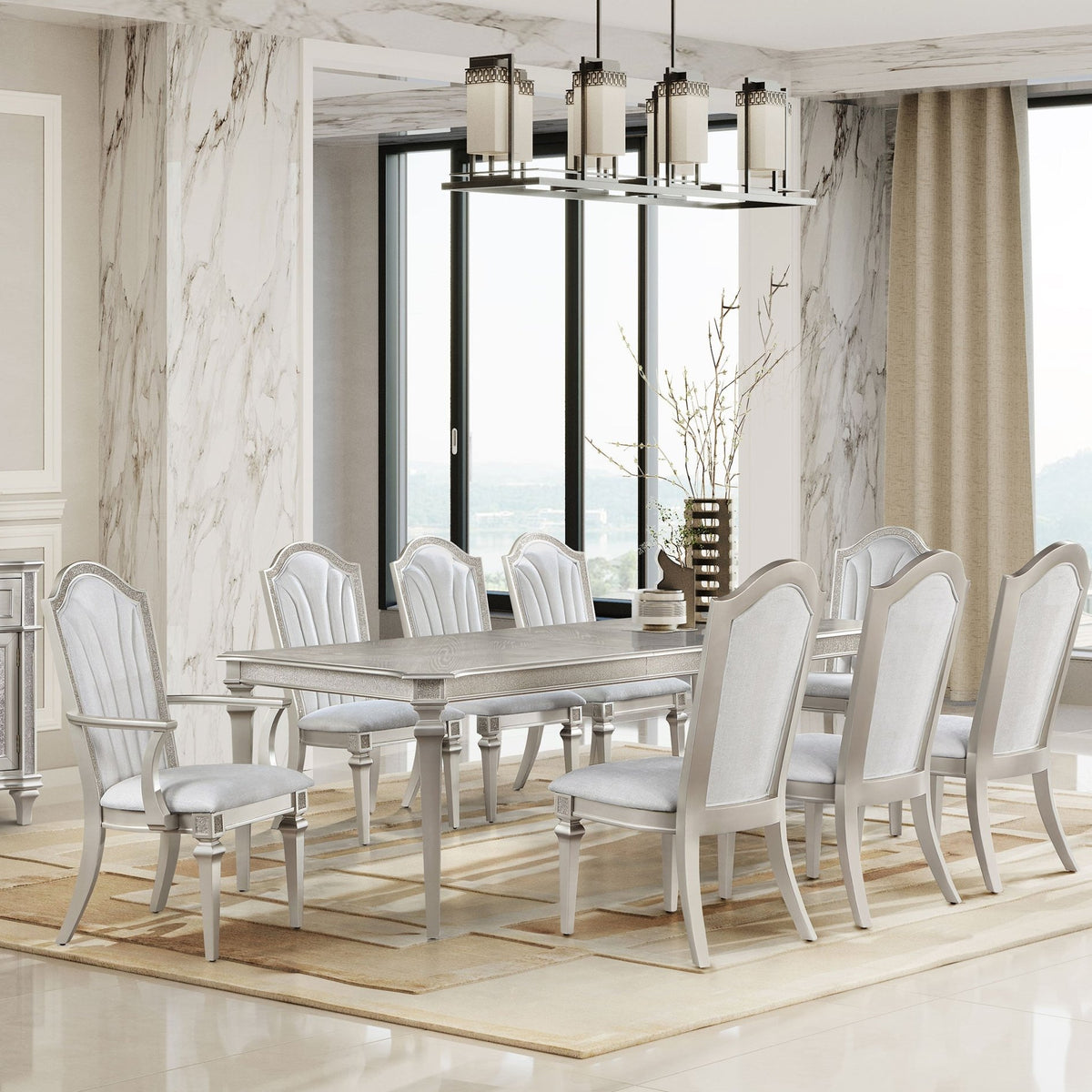 Evangeline 9-piece Dining Table Set with Extension Leaf Ivory and Silv ...