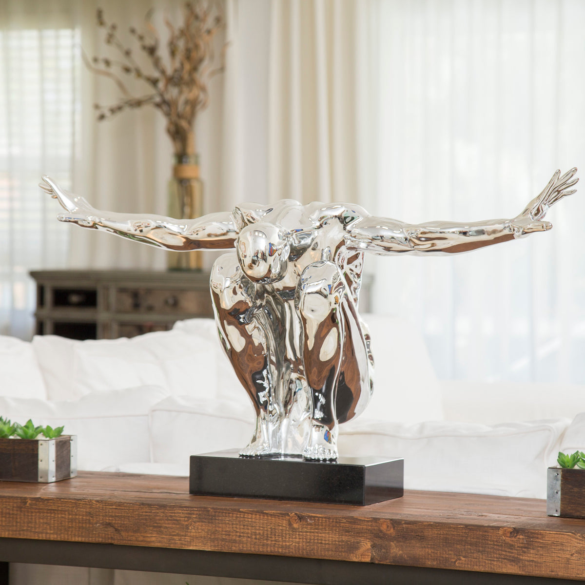 Large Saluting Man Resin Sculpture // Chrome | Finesse – Home Elegance USA