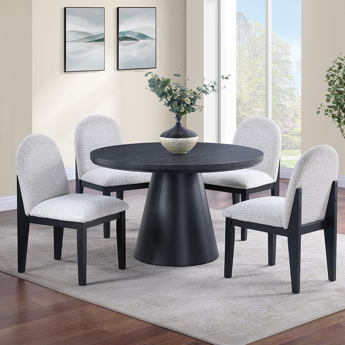 Dining Table 4x Side Chairs White Finish Fabric Black Round Table w Co ...