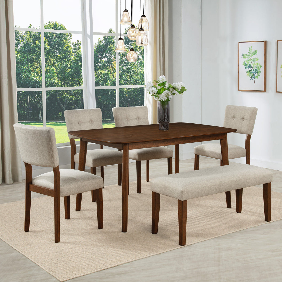 Mid-century Modern 6pc Dining Set Rectangular Table Warm Wood Finish U ...