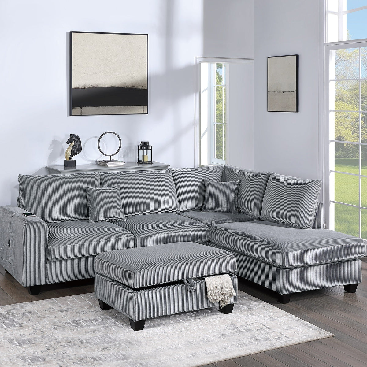 Contemporary 3pc Sectional Set Fog Color Corduroy Couch LAF Sofa RAF C ...