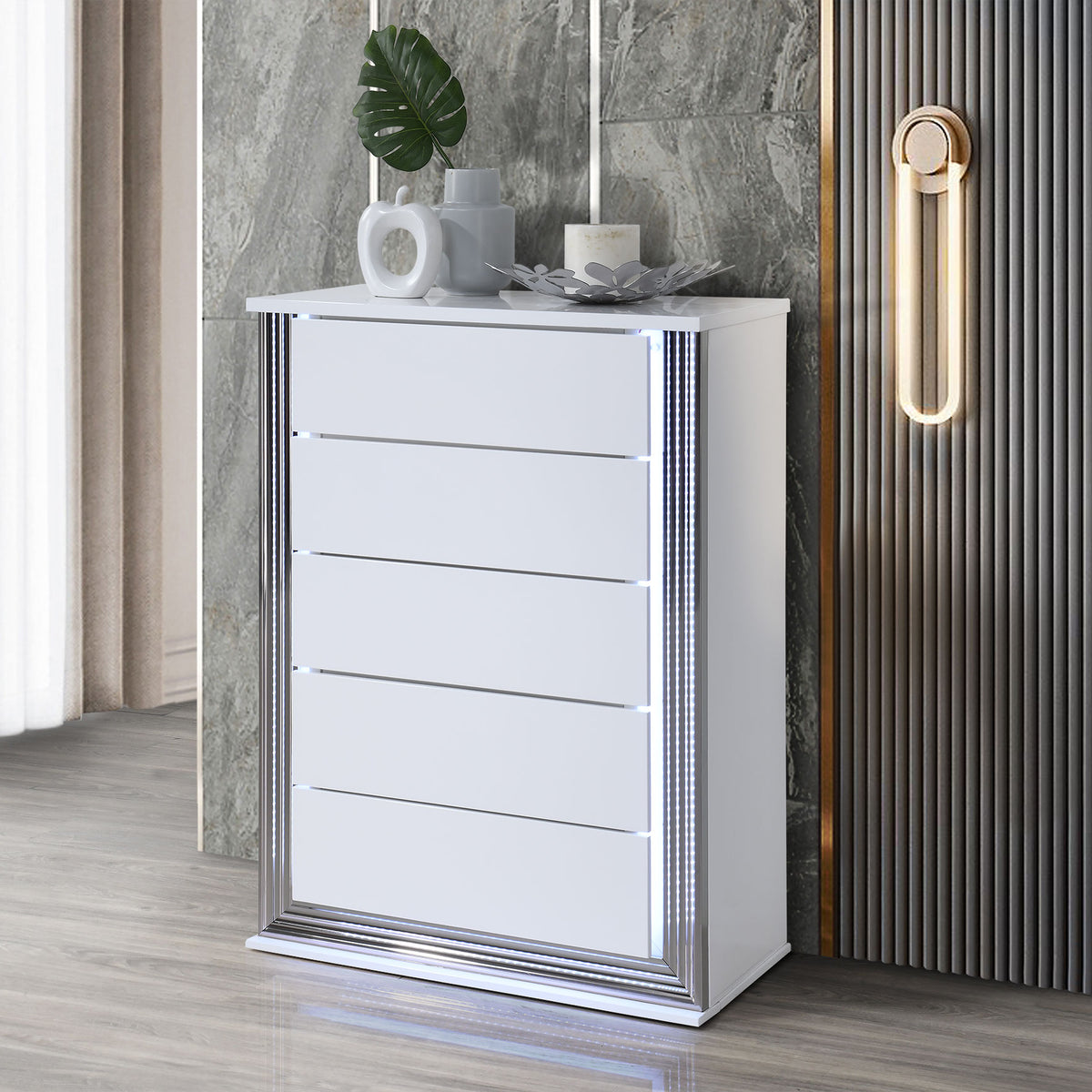Ylime Smooth White Chest With Led | Global – Home Elegance USA