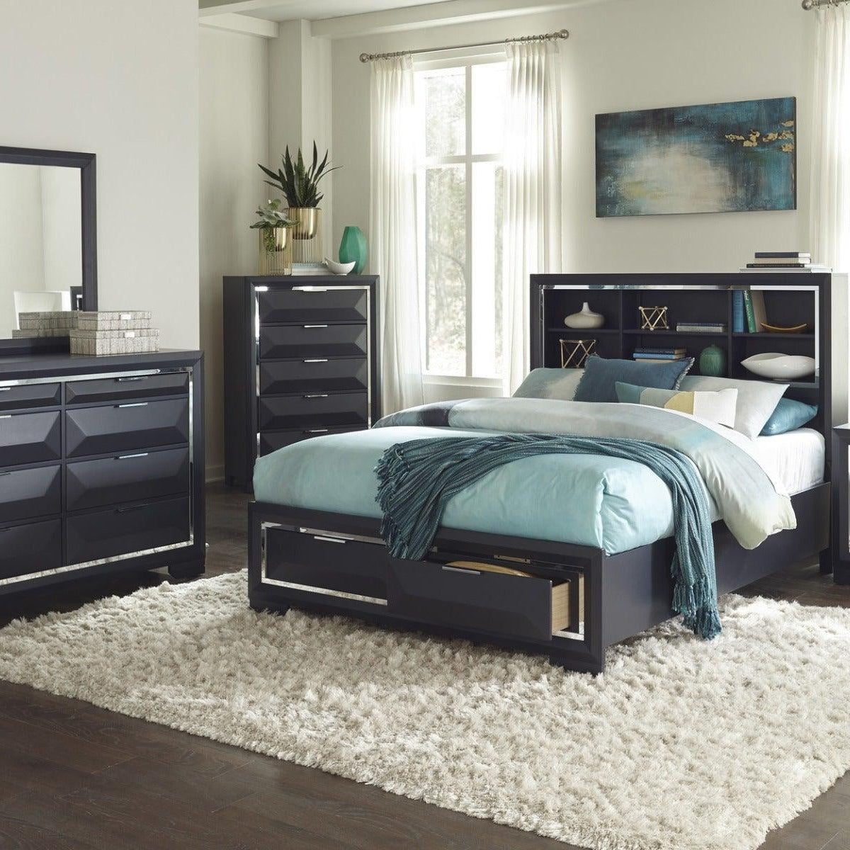 Rosemont 6 Piece Queen Platform Bedroom Set In Midnight Blue 1553-Q-6S ...