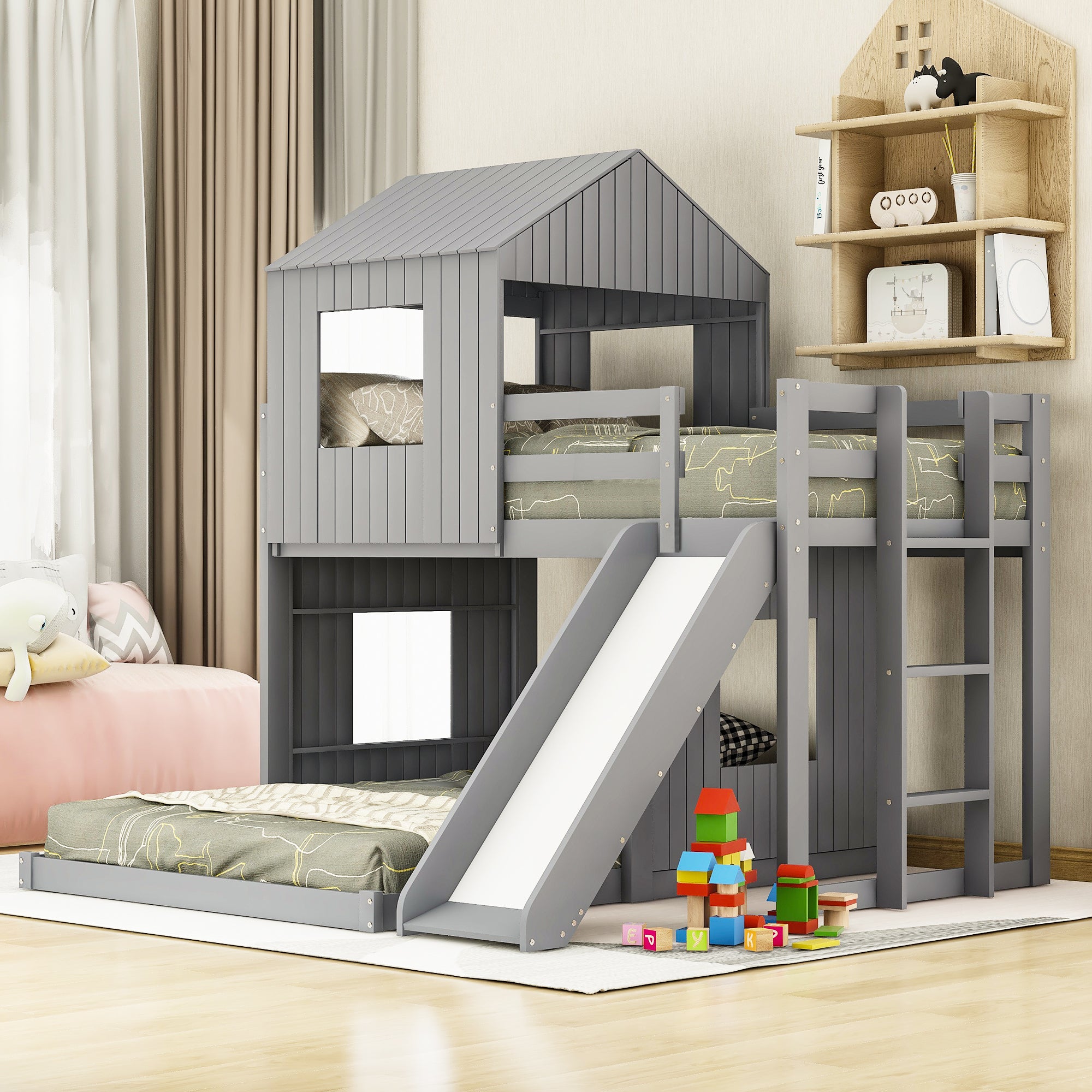Wooden Twin Over Full Bunk Bed Loft Bed with Playhouse Farmhouse Home Elegance USA
